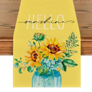 artoid mode yellow hello sunshine sunflower summer table runner, spring seasonal anniversary holiday kitchen dining table decoration for indoor outdoor home party decor 13 x 108 inch