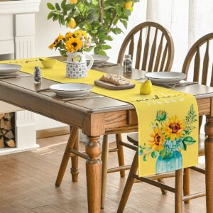 Artoid Mode Yellow Hello Sunshine Sunflower Summer Table Runner, Spring Seasonal Anniversary Holiday Kitchen Dining Table Decoration for Indoor Outdoor Home Party Decor 13 x 108 Inch