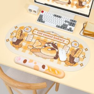 GeekShare Cute Bakery Cat Wrist Rest Support Mouse Pad Set- Non-Slip Base and Lightweight Memory Foam Wrist Rest Desk Mat for Keyboard and Mouse, Perfect for Gaming,or Home Office Work