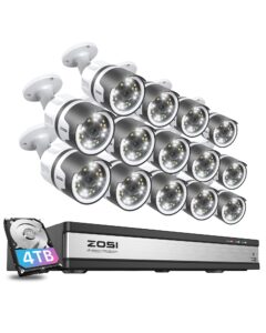 zosi 4k 16ch poe security camera system, 16ch 4k nvr with 4tb hdd for 24/7 recording, 14 x wired 5mp (3k) poe ip cameras outdoor indoor, spotlights, 2-way talk, human detection, sound & light alarm