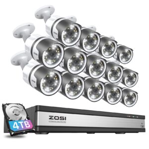 ZOSI 4K 16CH PoE Security Camera System, 16CH 4K NVR with 4TB HDD for 24/7 Recording, 14 X Wired 5MP (3K) PoE IP Cameras Outdoor Indoor, Spotlights, 2-Way Talk, Human Detection, Sound & Light Alarm