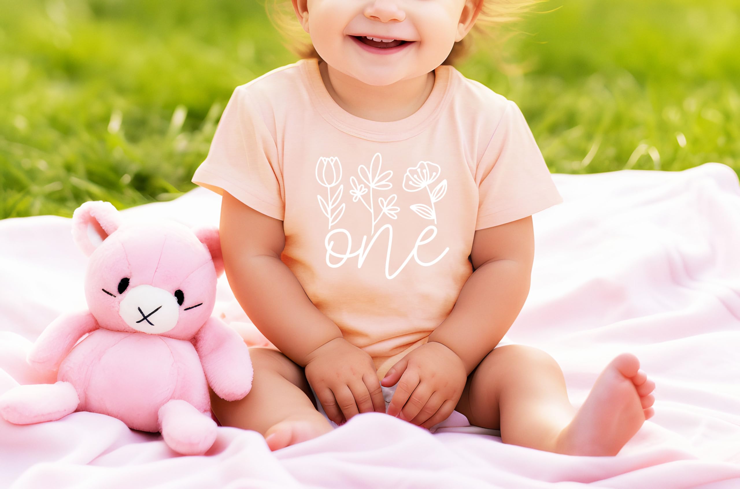 One Floral 1st Birthday Shirt for Baby Girls First Birthday Outfit White on Peach Shirt 12 Months