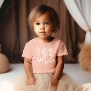 One Floral 1st Birthday Shirt for Baby Girls First Birthday Outfit White on Peach Shirt 12 Months