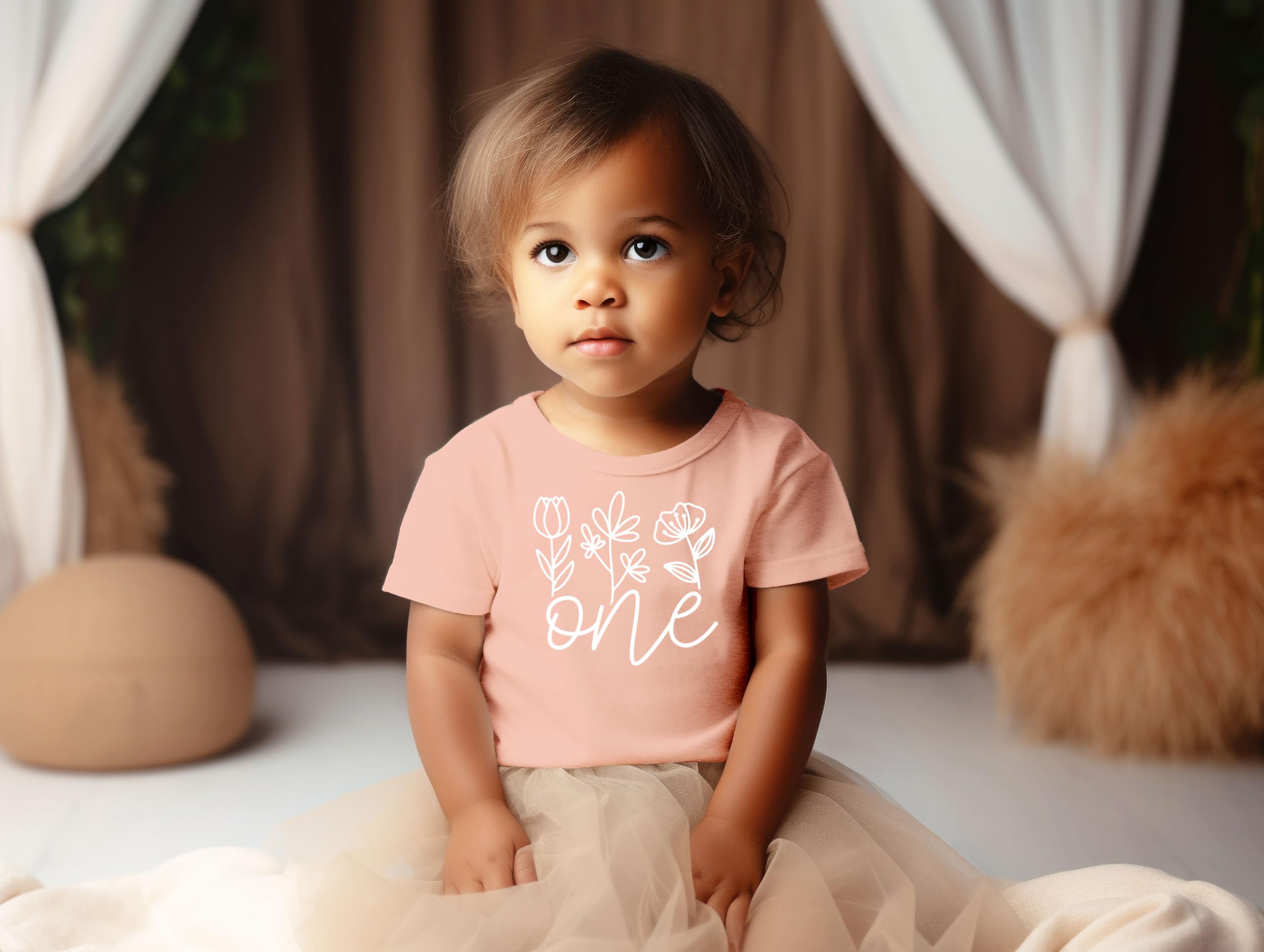 One Floral 1st Birthday Shirt for Baby Girls First Birthday Outfit White on Peach Shirt 12 Months