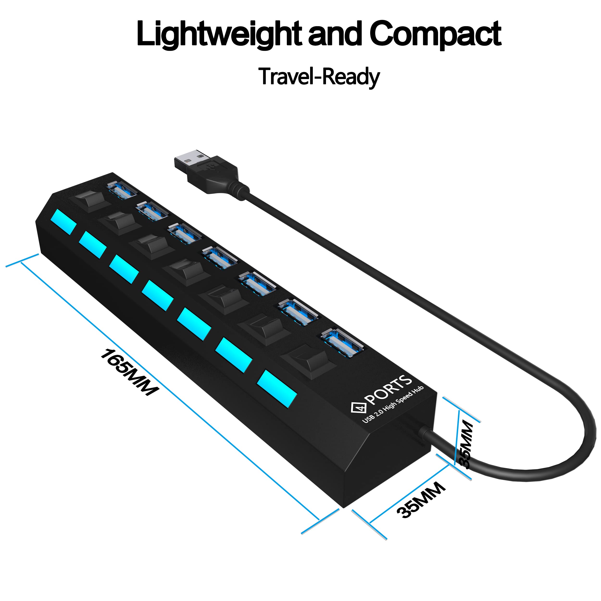 MIUOLV 7-Port USB 2.0 Hub with LED Light Power Switches, USB Splitter for Laptop, PS4 Keyboard and Mouse Adapter for Dell, Asus, HP, MacBook Air, Surface Pro, Acer, Xbox (Black)