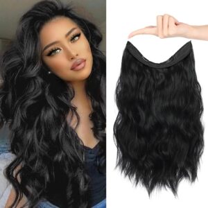 hoojih wire hair extensions with 2 removable clips 20 inch wavy curly wire hair invisible transparent wire extensions hairpieces for women - black