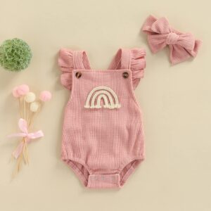 Hnyenmcko Newborn Baby Boy Girls Clothes Infant Rainbow Romper Waffle Ruffled Sleeveless Backless Bodysuit Jumpsuit Headband Outfit (B-Pink, 0-3 Months)