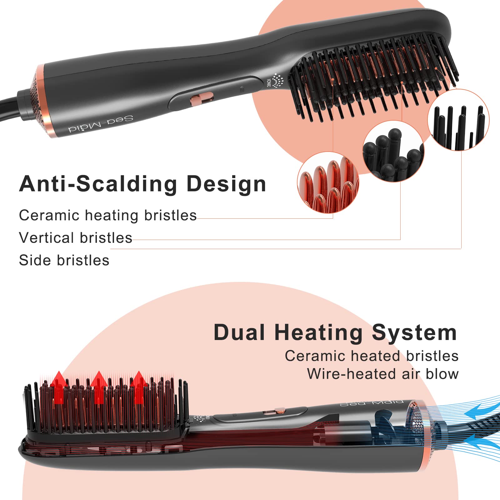 Sea-Maid Hair Straightener Brush, Ceramic Ionic Hot Air Brush with Anti-Scald, Auto Temperature Lock & Auto-Off Feature, 3 Heat