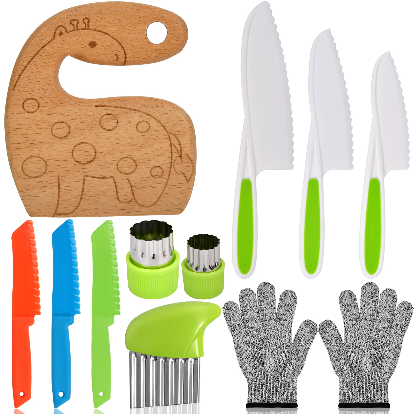 12 Pieces Wooden Kids Kitchen Knife, Kids Knife Set Include Wood Toddler Knife Serrated Edges Plastic Knife Sandwich Cutter Potato Slicers Children Gloves, Christmas/New Year's Gift for Child