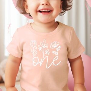 One Floral 1st Birthday Shirt for Baby Girls First Birthday Outfit White on Peach Shirt 12 Months