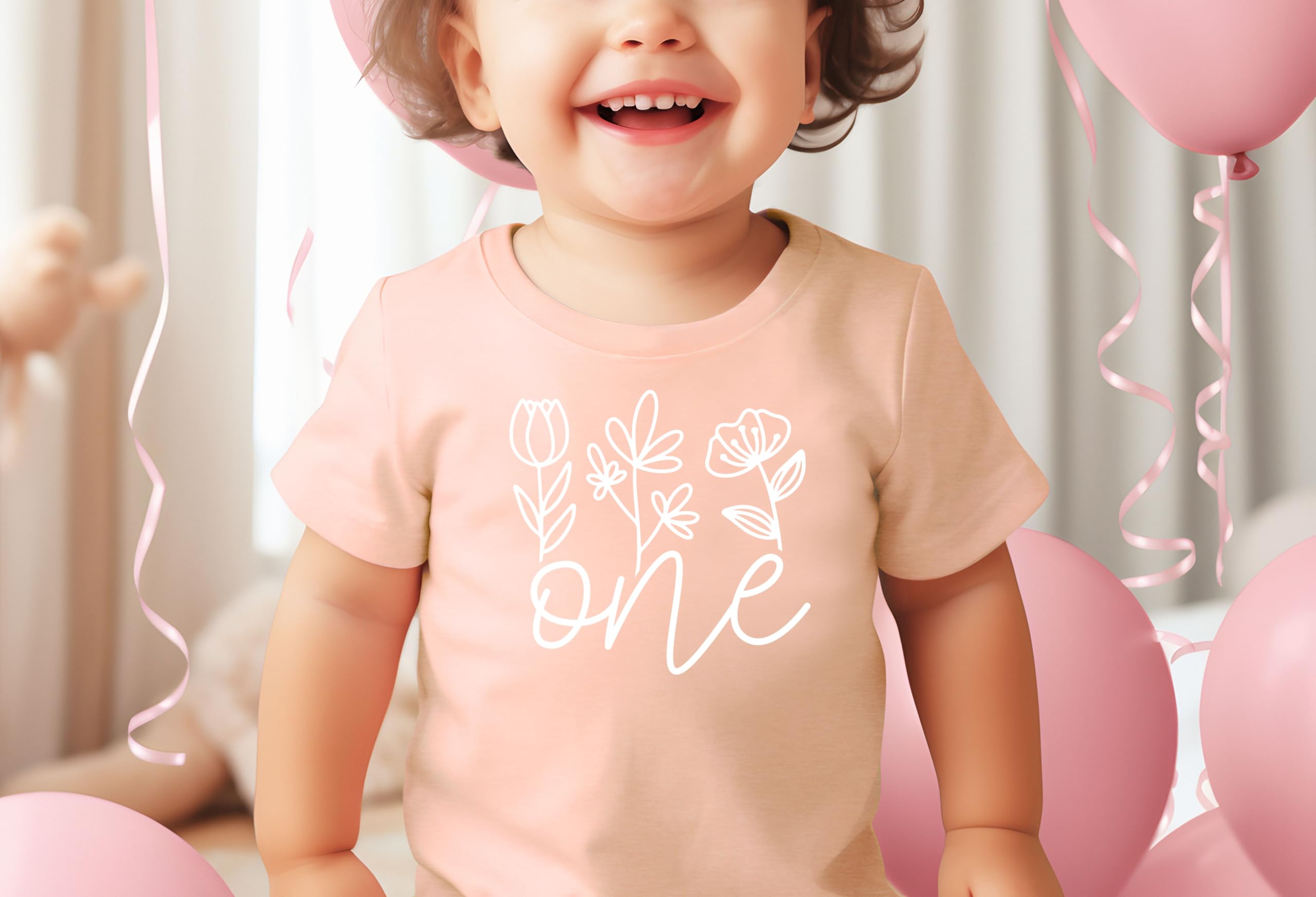 One Floral 1st Birthday Shirt for Baby Girls First Birthday Outfit White on Peach Shirt 12 Months