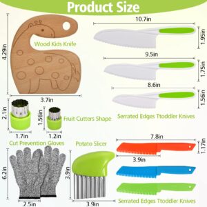 12 Pieces Wooden Kids Kitchen Knife, Kids Knife Set Include Wood Toddler Knife Serrated Edges Plastic Knife Sandwich Cutter Potato Slicers Children Gloves, Christmas/New Year's Gift for Child