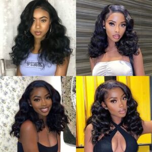 meiliprotea 16" Short Body Wave Synthetic Wig Side Part Bob Wavy Lace Wig Short Wavy Bob Wigs for Black Women 180% Density Ocean Wave Wig Short Wavy Synthetic Lace Front Wig