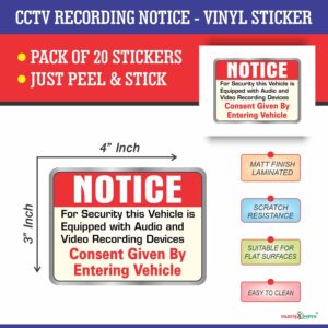 Notice Vehicle is Equipped with Audio and Video Recording Devices Consent by Entering Sticker - (Pack of 20) 4"x3" Large CCTV Surveillance Warning Sign Laminated Vinyl Decal