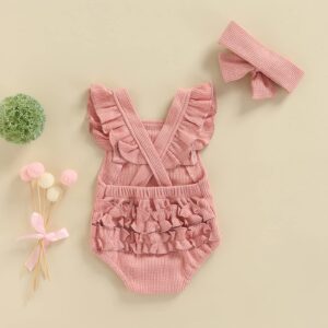 Hnyenmcko Newborn Baby Boy Girls Clothes Infant Rainbow Romper Waffle Ruffled Sleeveless Backless Bodysuit Jumpsuit Headband Outfit (B-Pink, 0-3 Months)