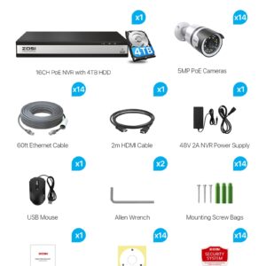 ZOSI 4K 16CH PoE Security Camera System, 16CH 4K NVR with 4TB HDD for 24/7 Recording, 14 X Wired 5MP (3K) PoE IP Cameras Outdoor Indoor, Spotlights, 2-Way Talk, Human Detection, Sound & Light Alarm