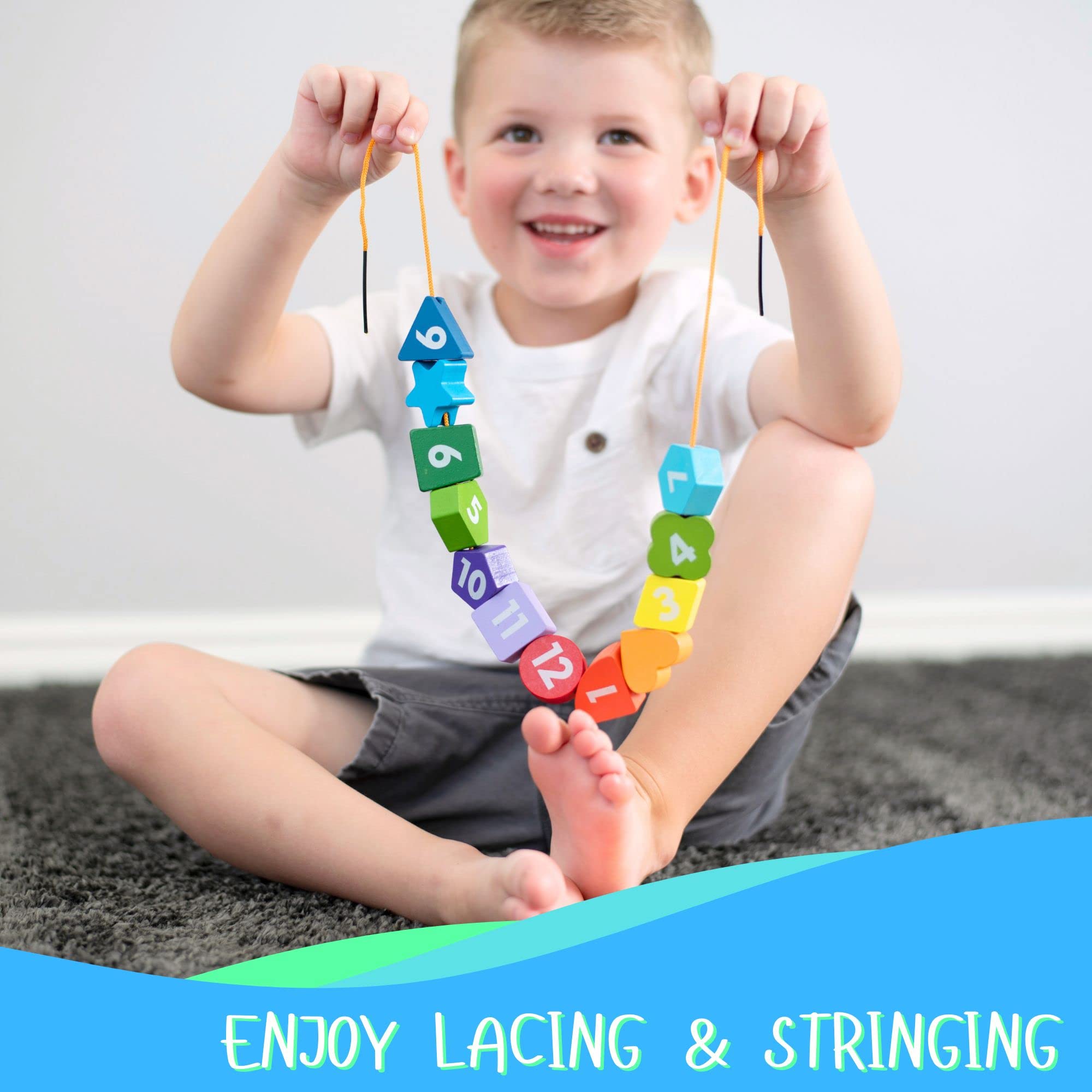 LMC Products Wooden Clock with Lacing String & Shapes - Educational Learning Toys for 3 Year Olds & Up - Wooden Counting & Shape Sorting Toys for Toddlers