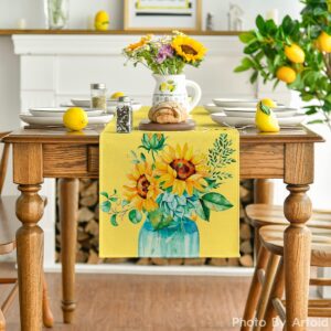 Artoid Mode Yellow Hello Sunshine Sunflower Summer Table Runner, Spring Seasonal Anniversary Holiday Kitchen Dining Table Decoration for Indoor Outdoor Home Party Decor 13 x 108 Inch