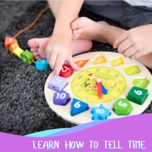 LMC Products Wooden Clock with Lacing String & Shapes - Educational Learning Toys for 3 Year Olds & Up - Wooden Counting & Shape Sorting Toys for Toddlers