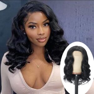 meiliprotea 16" short body wave synthetic wig side part bob wavy lace wig short wavy bob wigs for black women 180% density ocean wave wig short wavy synthetic lace front wig