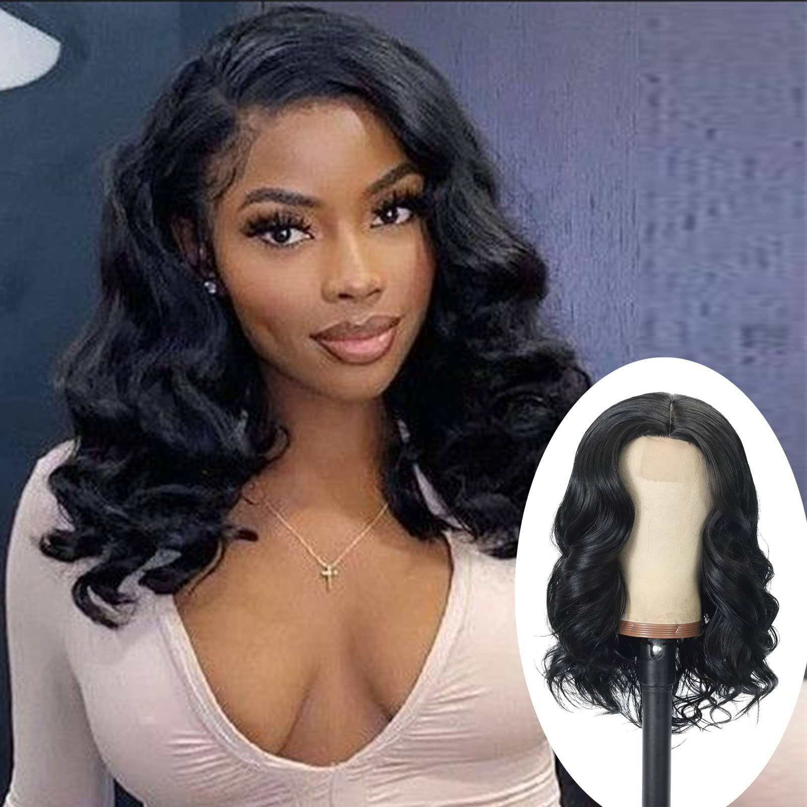 meiliprotea 16" Short Body Wave Synthetic Wig Side Part Bob Wavy Lace Wig Short Wavy Bob Wigs for Black Women 180% Density Ocean Wave Wig Short Wavy Synthetic Lace Front Wig