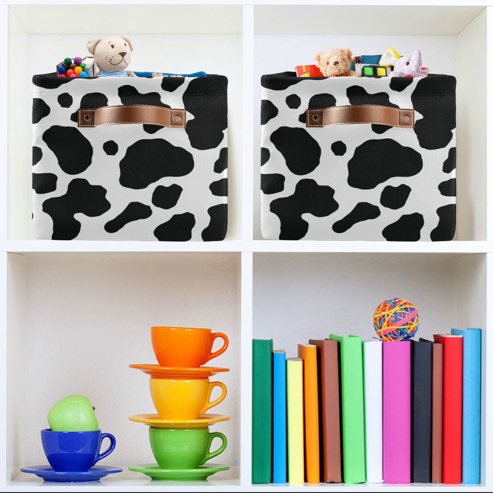 Wusikd Cow Skin Storage Basket Set of 2 Large Fabric Black and White Storage Basket Bins Box Cube with Handles Collapsible Closet Shelf Clothes Organizer Basket for Nursery Bedroom