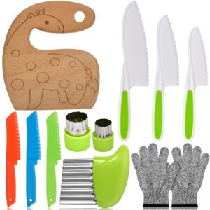 12 pieces wooden kids kitchen knife, kids knife set include wood toddler knife serrated edges plastic knife sandwich cutter potato slicers children gloves, christmas/new year's gift for child