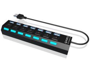 miuolv 7-port usb 2.0 hub with led light power switches, usb splitter for laptop, ps4 keyboard and mouse adapter for dell, asus, hp, macbook air, surface pro, acer, xbox (black)