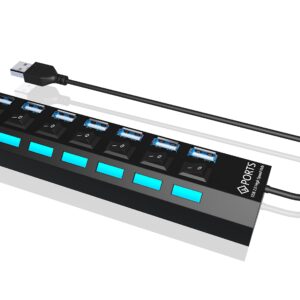 MIUOLV 7-Port USB 2.0 Hub with LED Light Power Switches, USB Splitter for Laptop, PS4 Keyboard and Mouse Adapter for Dell, Asus, HP, MacBook Air, Surface Pro, Acer, Xbox (Black)