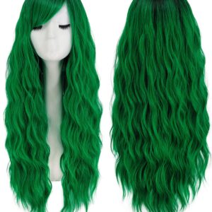 Mildiso Green Wigs for Women 26" Long Ombre Green Hair Wig with Bangs Curly Wavy Natural Cute Synthetic Soft Wigs for Party M062MGR