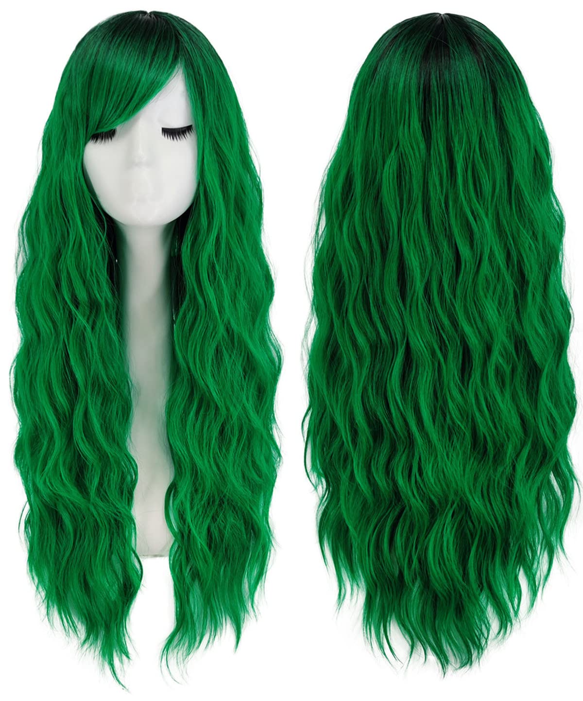 Mildiso Green Wigs for Women 26" Long Ombre Green Hair Wig with Bangs Curly Wavy Natural Cute Synthetic Soft Wigs for Party M062MGR