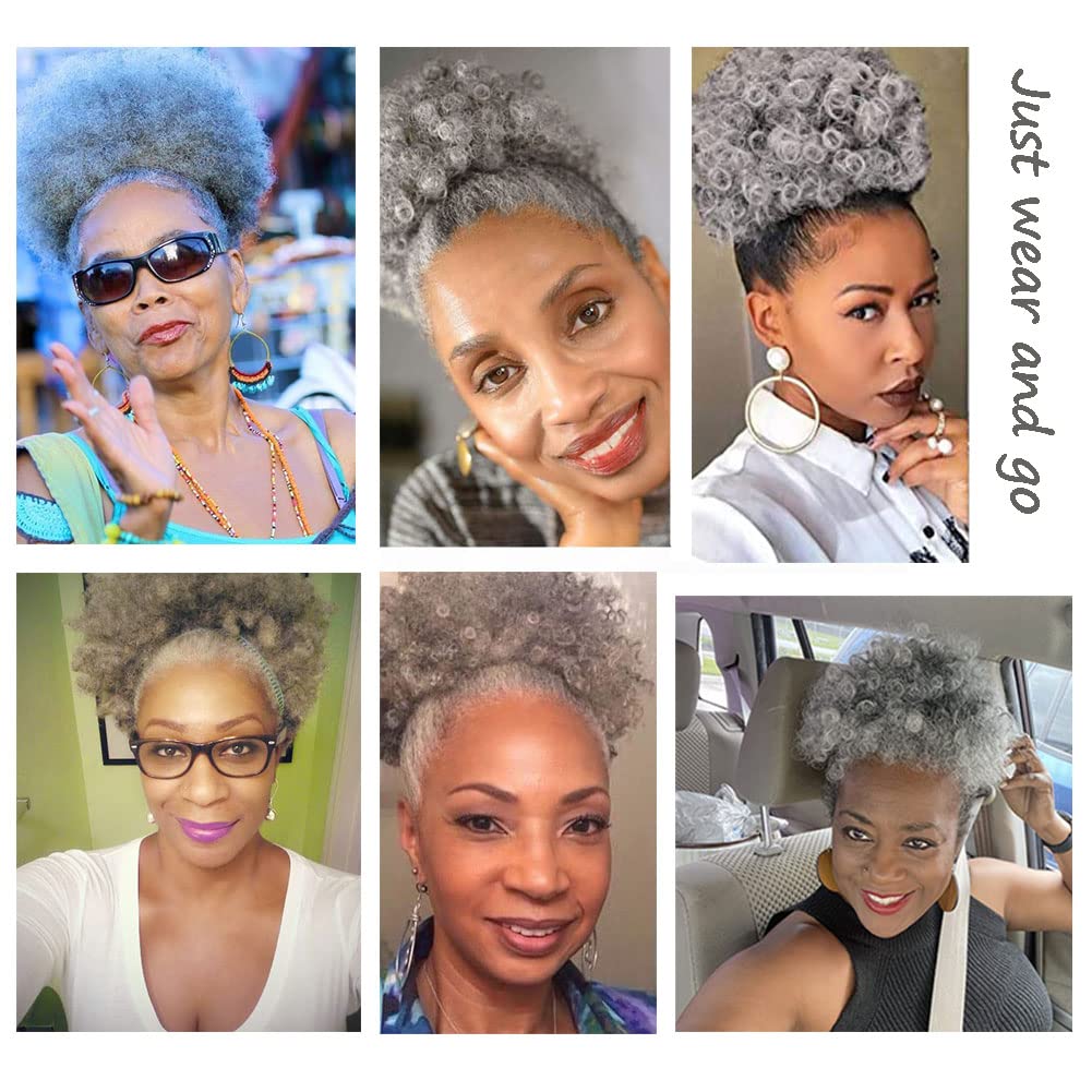 MOONSHOW Ombre Grey Afro Puff Drawstring Ponytail Natural Kinky Curly Ponytail Hair Extension for Black Women African American short Kinky Ponytail Drawstring(Ombre Grey)