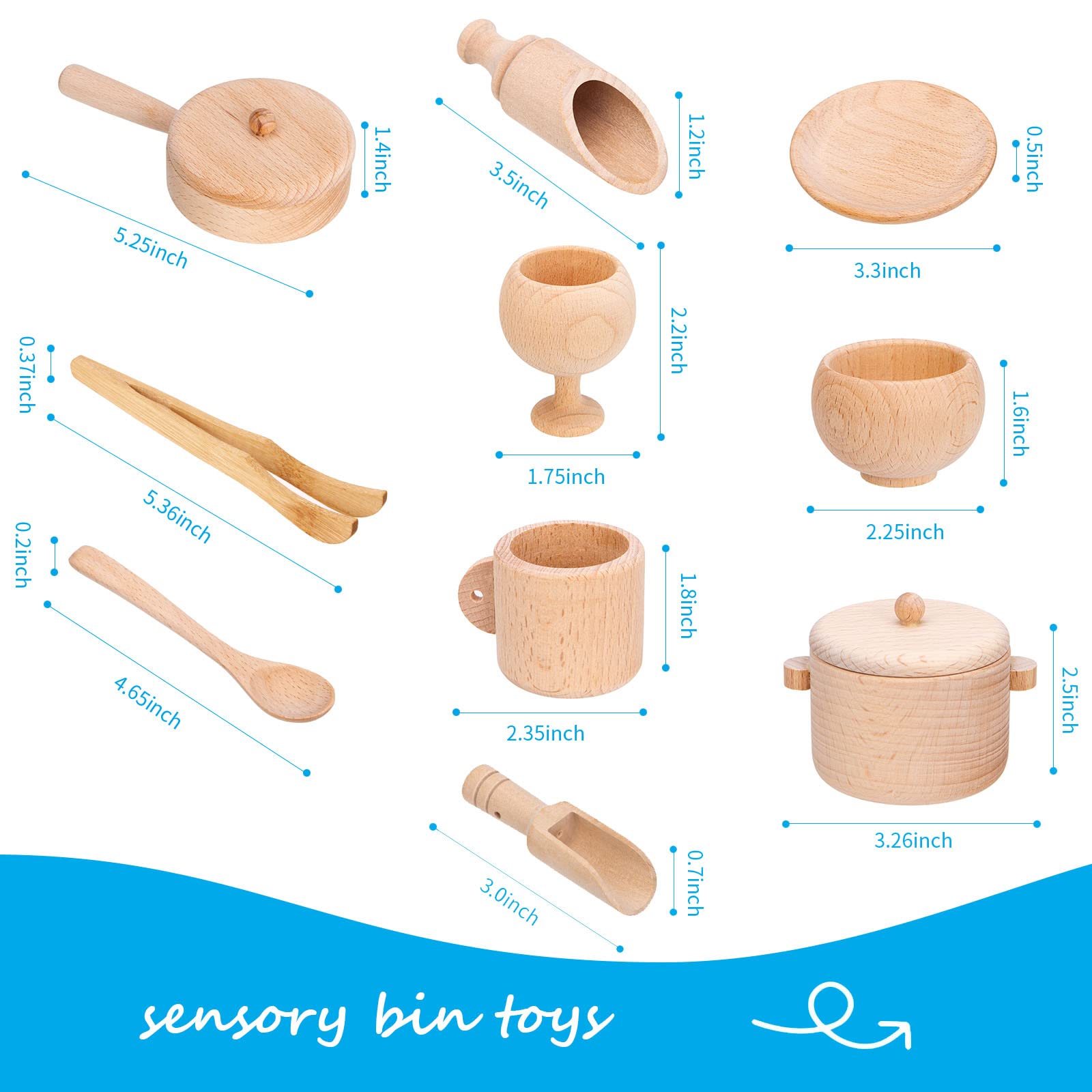 Desminsi Sensory Bin Tools - Montessori Fine Motor Skills Learning Waldorf Toys for Toddlers and Kids Pretend Play - Wooden Scoops and Tongs for Transfer Work and Fine Motor Learning (11Pcs)