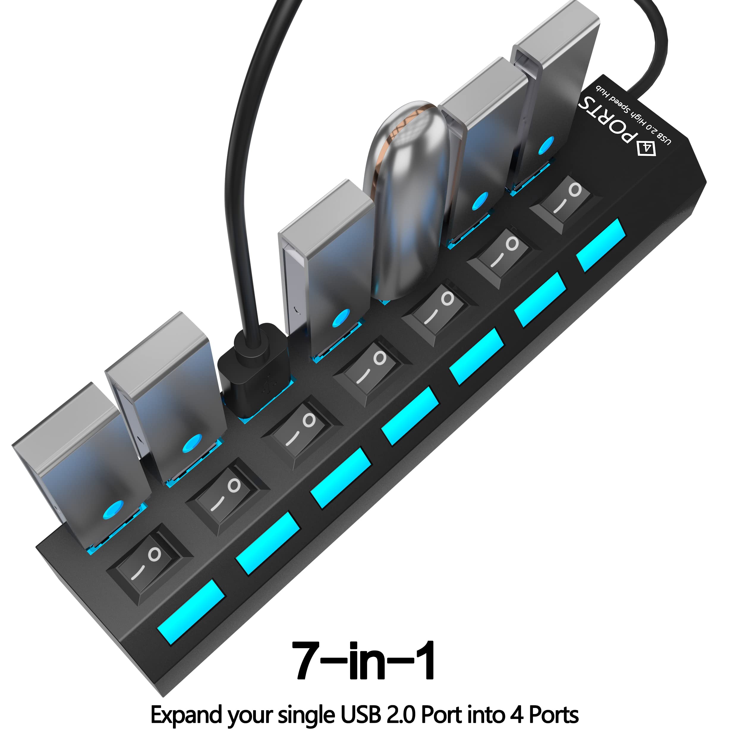 MIUOLV 7-Port USB 2.0 Hub with LED Light Power Switches, USB Splitter for Laptop, PS4 Keyboard and Mouse Adapter for Dell, Asus, HP, MacBook Air, Surface Pro, Acer, Xbox (Black)