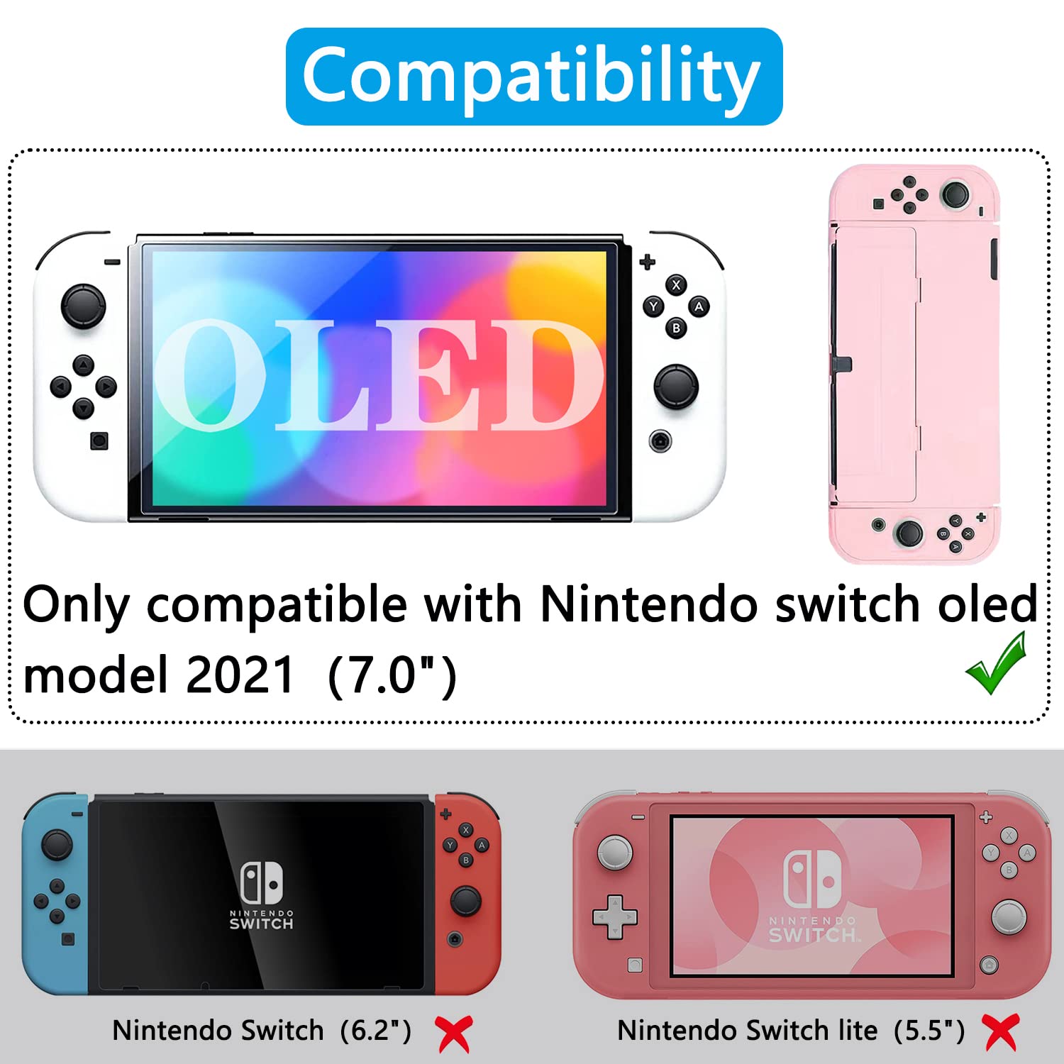 OLDZHU Dockable Pink Case Compatible with Nintendo Switch OLED Model 2021,Ultra-Slim Hard Protective Case Cover for Nintendo Switch OLED with Glass Screen Protector and 4 Pack Thumb Caps