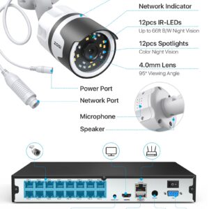 ZOSI 4K 16CH PoE Security Camera System, 16CH 4K NVR with 4TB HDD for 24/7 Recording, 14 X Wired 5MP (3K) PoE IP Cameras Outdoor Indoor, Spotlights, 2-Way Talk, Human Detection, Sound & Light Alarm