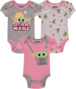 star wars baby girls baby yoda creeper bodysuit 3 pack (green/pink/grey, 6-9 months