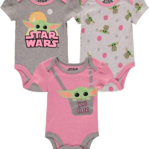 STAR WARS Baby Girls Baby Yoda Creeper Bodysuit 3 Pack (Green/Pink/Grey, 6-9 Months