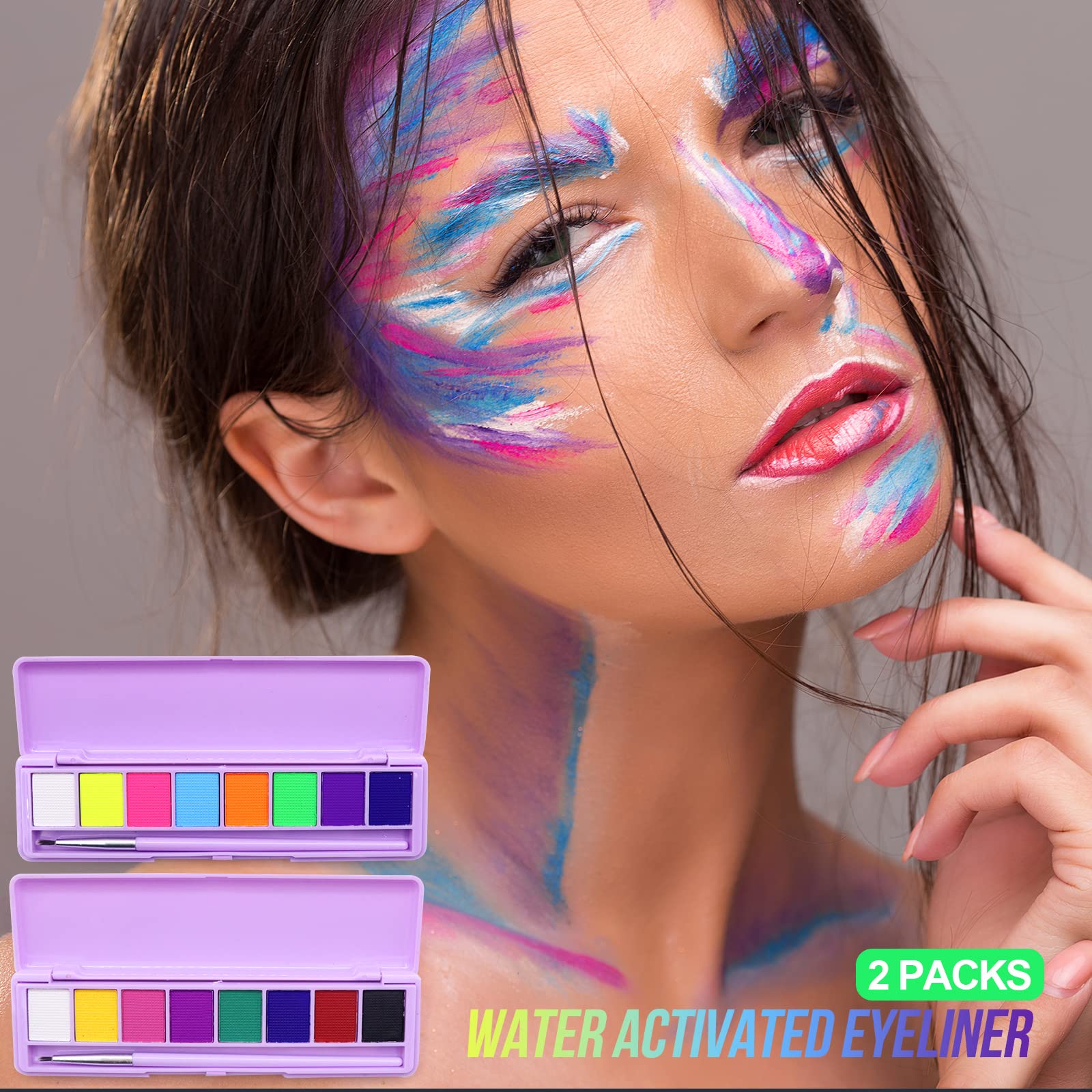 POPMISOLER 2 Packs Water Activated Eyeliner Palette High Pigmented Face Paint Palette Neon Eyeliner Colorful Rainbow Water Eyeliner Matte UV Glow Graphic Liner with Complete Face Paint Brushes