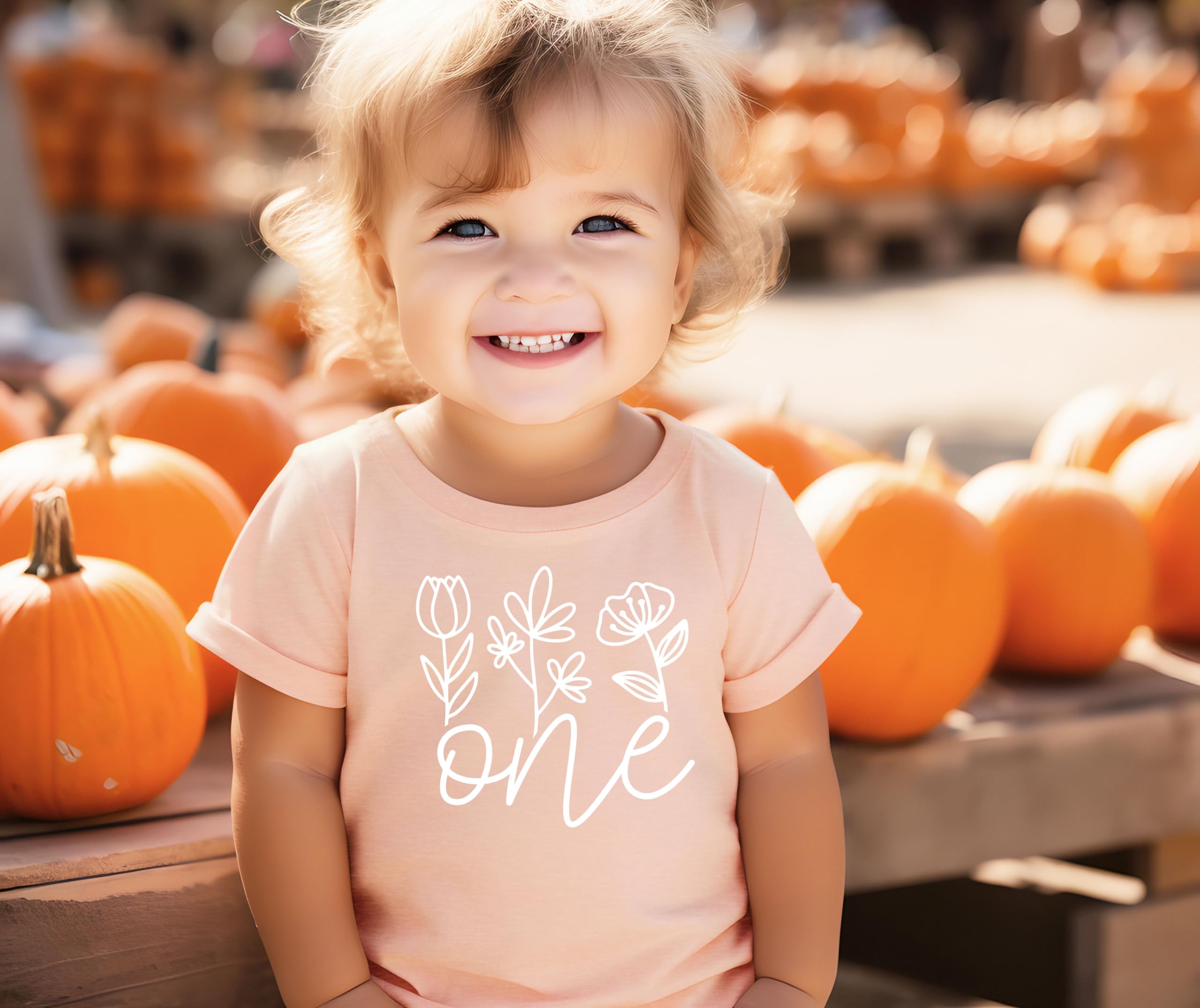 One Floral 1st Birthday Shirt for Baby Girls First Birthday Outfit White on Peach Shirt 12 Months