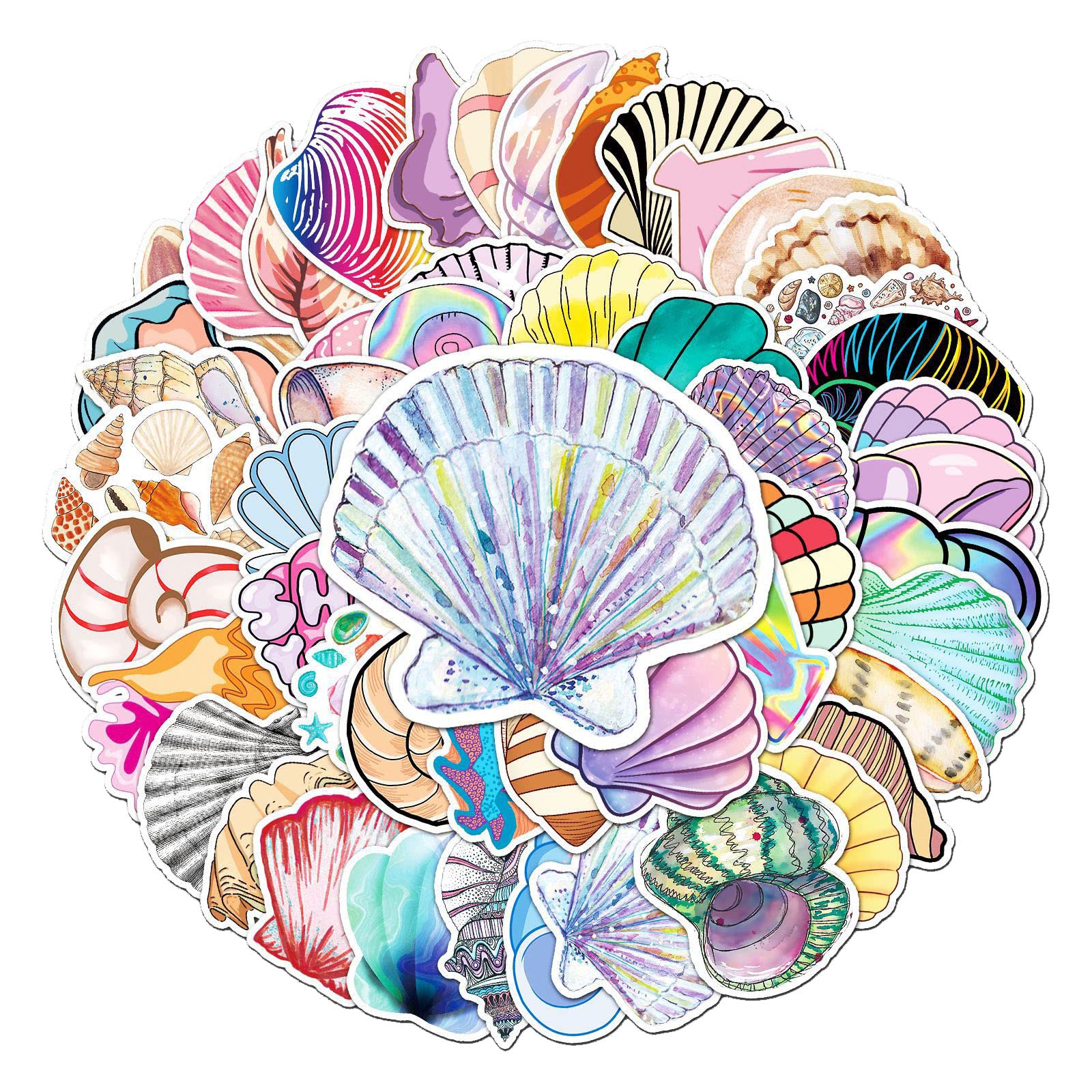 Shells Themed Stickers for Laptop(50 Pcs),Gift for Teens Adults Girl,Waterproof Sea Shells Mixed Beach Stickers for Water Bottle,Trendy Vinyl Stickers for Journal,Dairy,Scrapbook