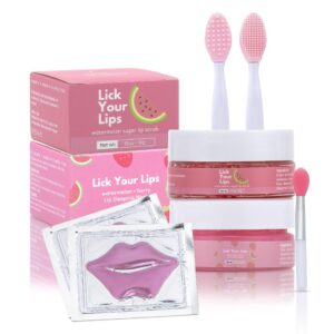 lick your lips 6-in-1 lip care kit with lip sleeping mask, silicone brush, sugar lip scrub, lip mask sheet to reveal luscious, lip exfoliator scrub to soft lips – korean lip therapy set for a fuller