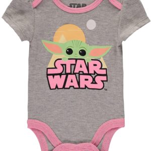 STAR WARS Baby Girls Baby Yoda Creeper Bodysuit 3 Pack (Green/Pink/Grey, 6-9 Months