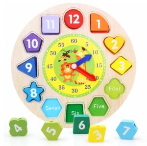 lmc products wooden clock with lacing string & shapes - educational learning toys for 3 year olds & up - wooden counting & shape sorting toys for toddlers