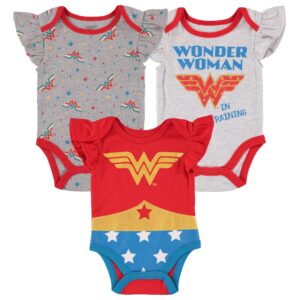 wonder woman newborn girls 3 pack bodysuits (red/blue/grey, 3-6 months)