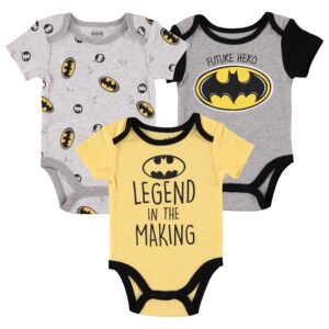 dc comics baby boys newborn infant superman and batman 3 pack snap closure bodysuit (yellow/grey, 6-9 months)