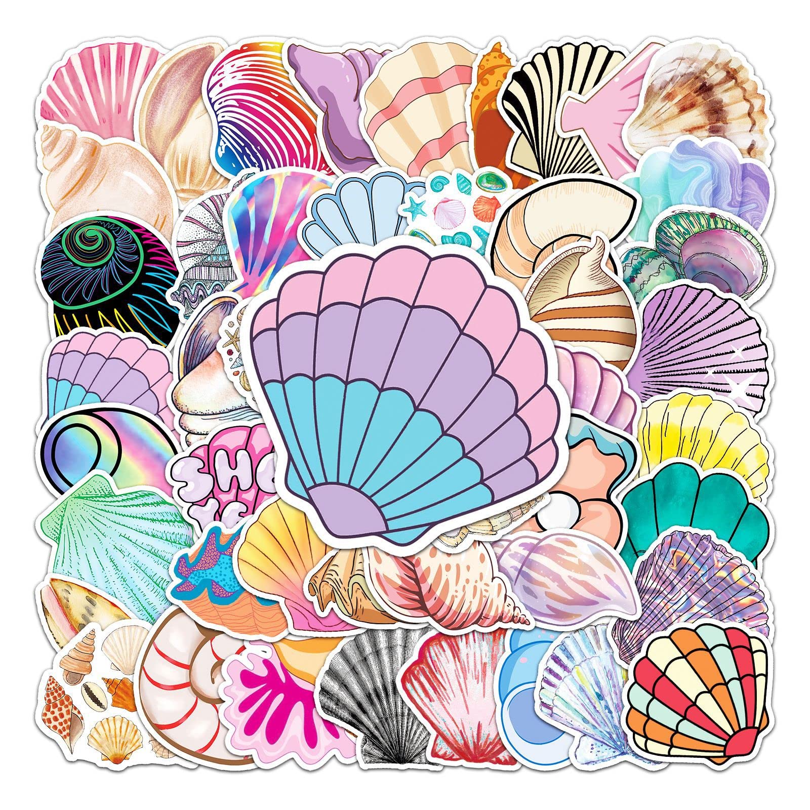 Shells Themed Stickers for Laptop(50 Pcs),Gift for Teens Adults Girl,Waterproof Sea Shells Mixed Beach Stickers for Water Bottle,Trendy Vinyl Stickers for Journal,Dairy,Scrapbook