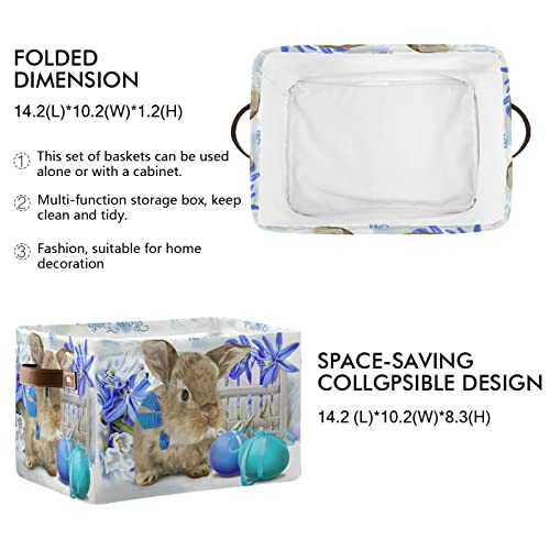 Easter Rabbit Bunny Eggs Storage Basket Blue Flowers Storage Fabric Baskets Organizer Box Bin Large Collapsible Cube Basket with PU Handles for Shelf Closet Nursery Laundry 1 Pack