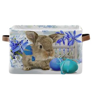 easter rabbit bunny eggs storage basket blue flowers storage fabric baskets organizer box bin large collapsible cube basket with pu handles for shelf closet nursery laundry 1 pack