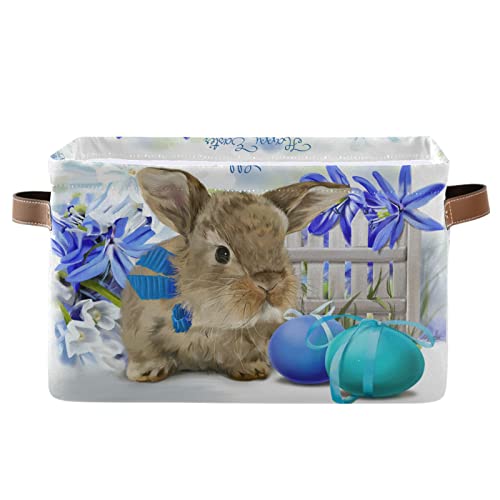 Easter Rabbit Bunny Eggs Storage Basket Blue Flowers Storage Fabric Baskets Organizer Box Bin Large Collapsible Cube Basket with PU Handles for Shelf Closet Nursery Laundry 1 Pack